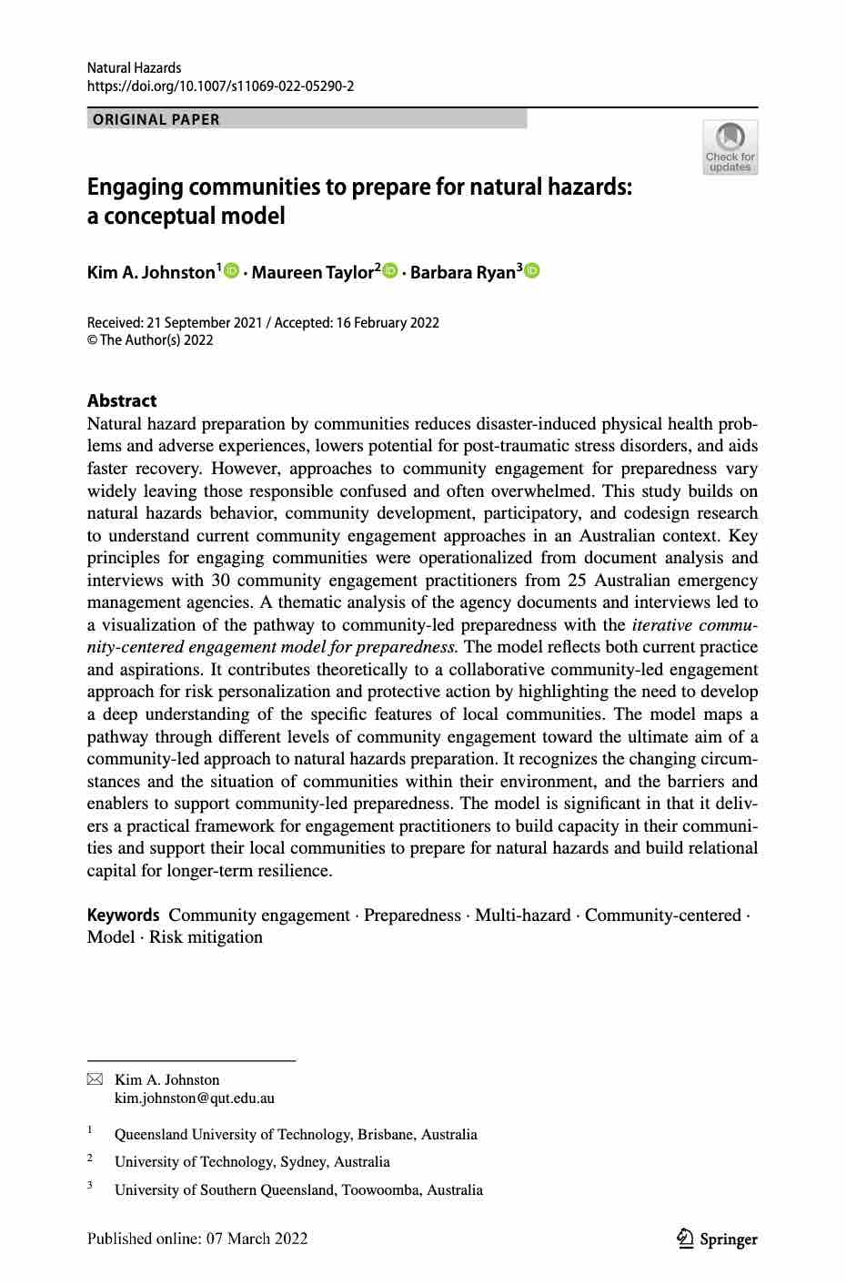 Engaging communities to prepare for natural hazards: a conceptual model ...