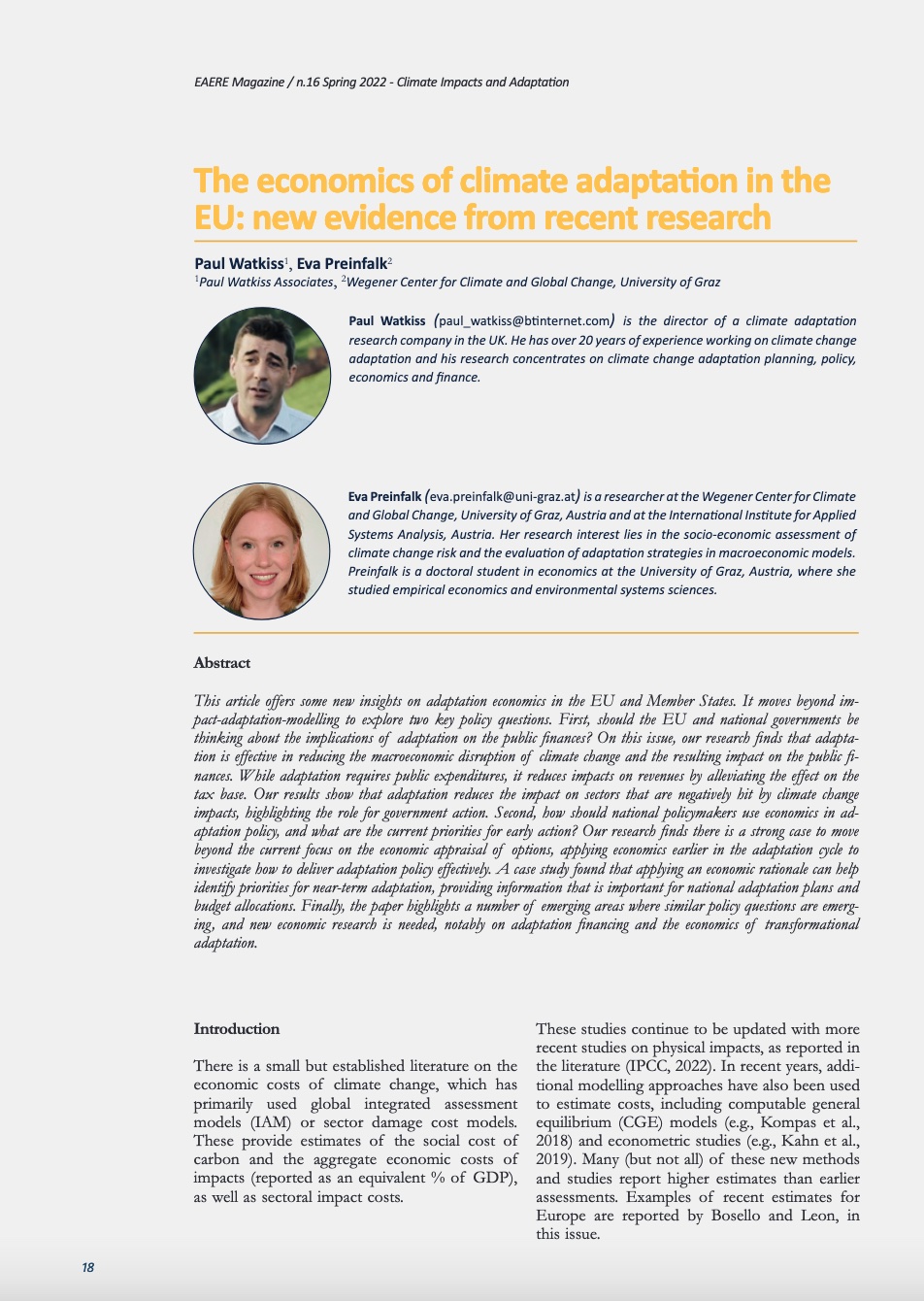 The economics of climate adaptation in the EU: new evidence from recent ...