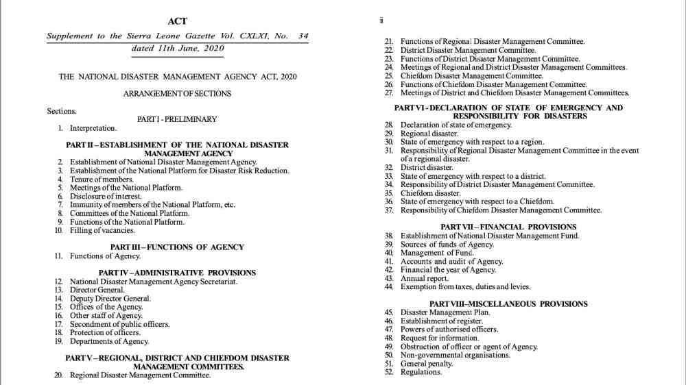 Sierra Leone: National Disaster Management Agency Act 2020 | PreventionWeb