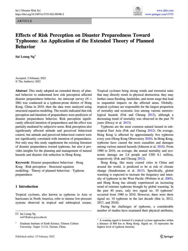 Effects of risk perception on disaster preparedness toward typhoons: an ...