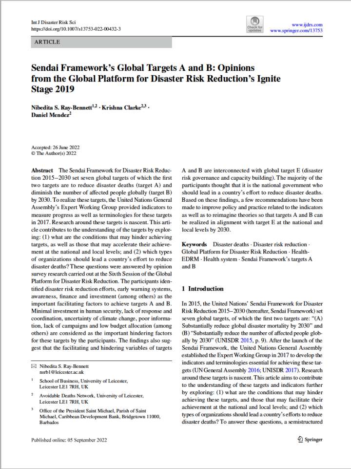 Sendai Framework’s Global targets A and B: Opinions from the Global ...