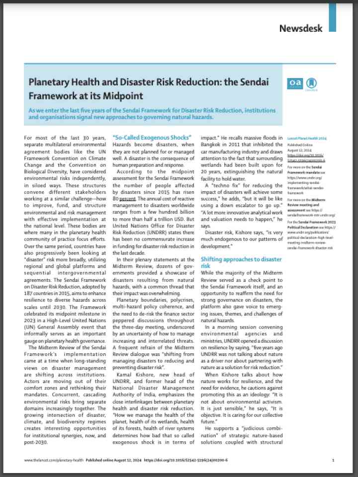 Planetary health and disaster risk reduction: The Sendai Framework at ...