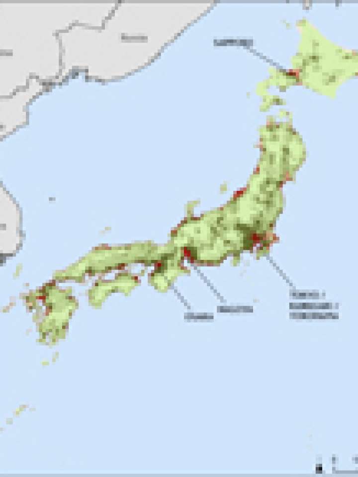 Japan: 10m low elevation coastal zone and population density ...